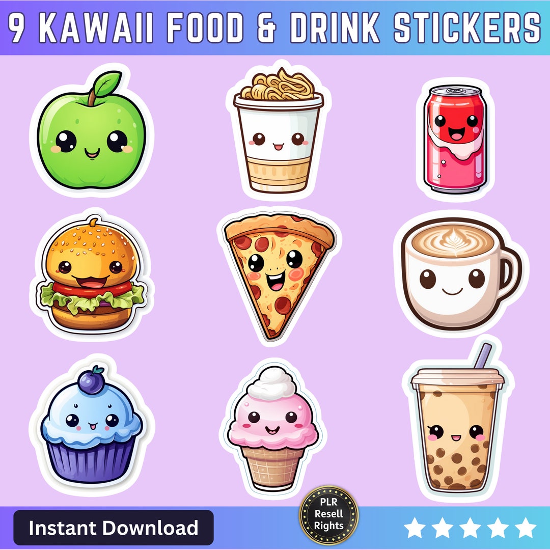9 Kawaii Cute Food & Drink Digital Icon Stickers Precropped Canva PNG ...