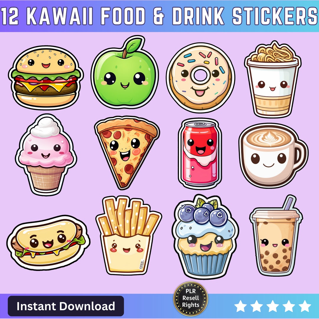 10 Kawaii Cute Food & Drink Digital Icon Stickers Precropped Canva PNG ...