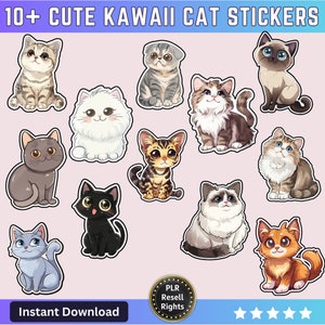 10 Cute Kawaii Cat Digital Icon Stickers Precropped Canva PNG Download ...