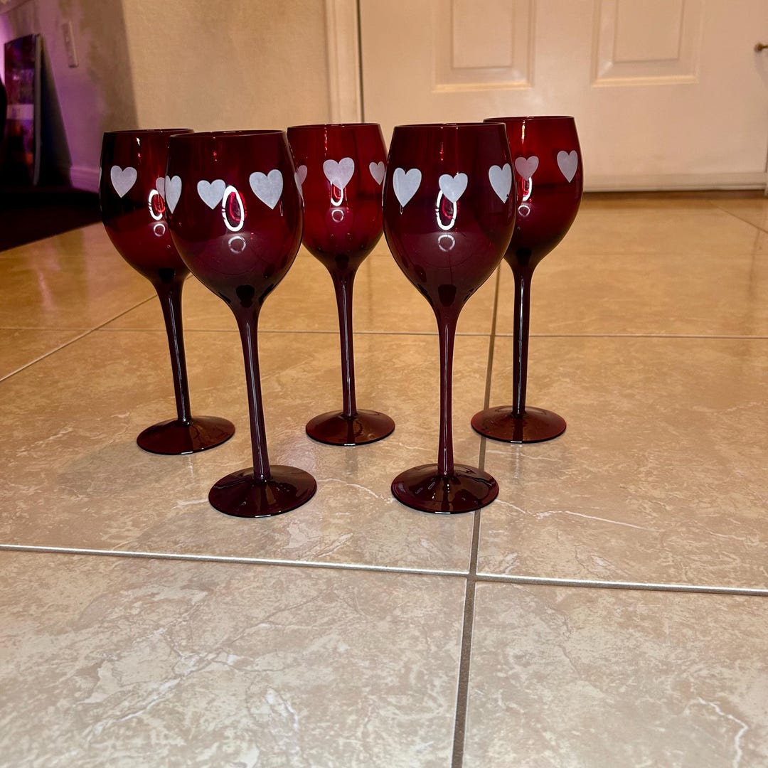 Vintage Ruby Red Tall Stem Wine Glasses With Etched Hearts (set of 5 ...