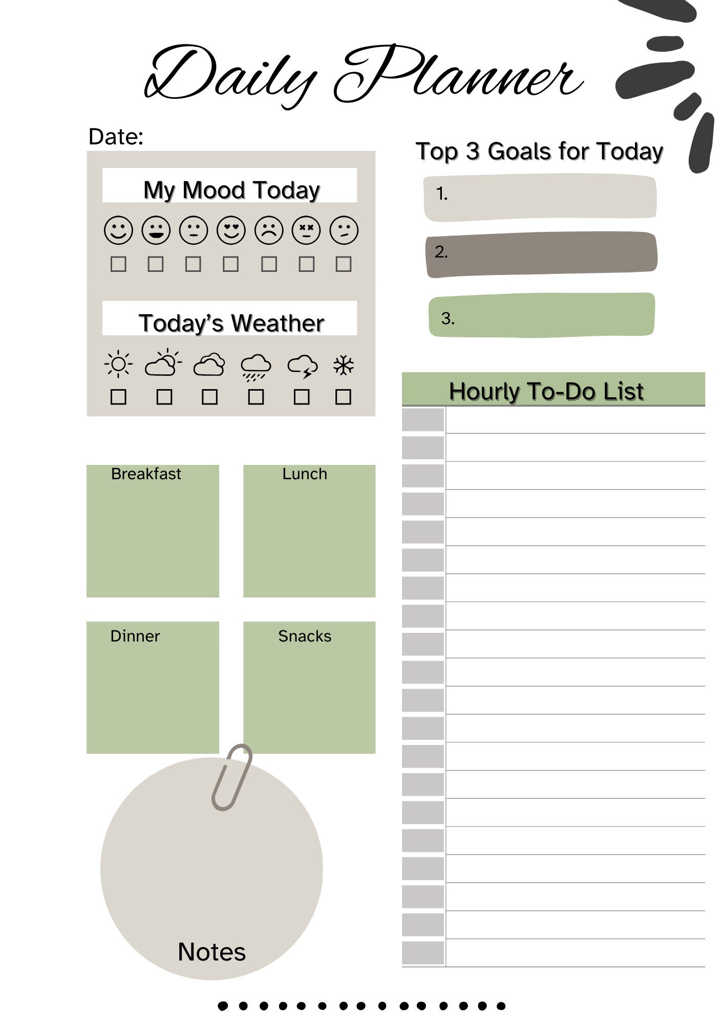 Printable Daily Planner, Goals, To-do List, Meal Tracker, 1 Page, Mood ...