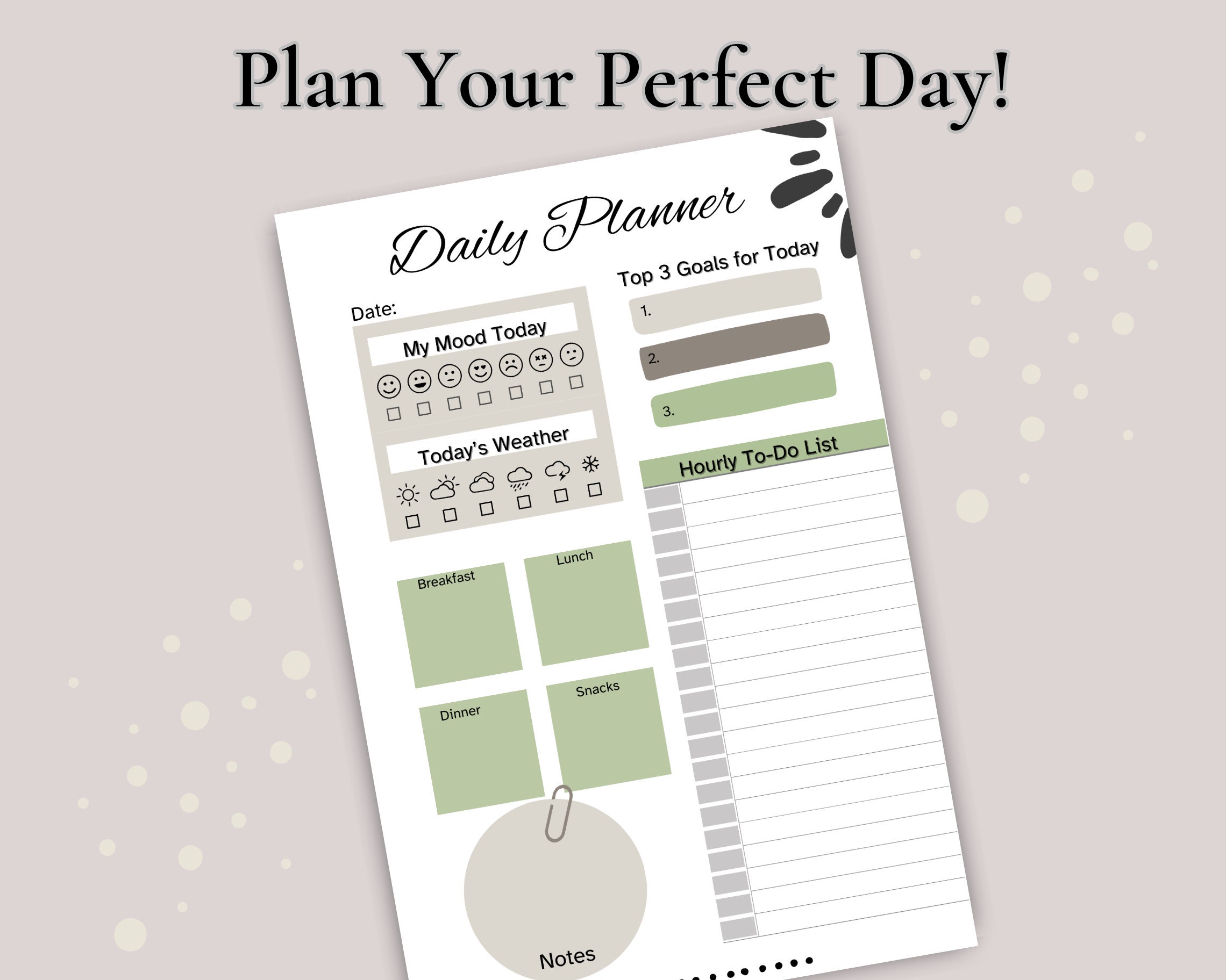 Printable Daily Planner, Goals, To-do List, Meal Tracker, 1 Page, Mood ...