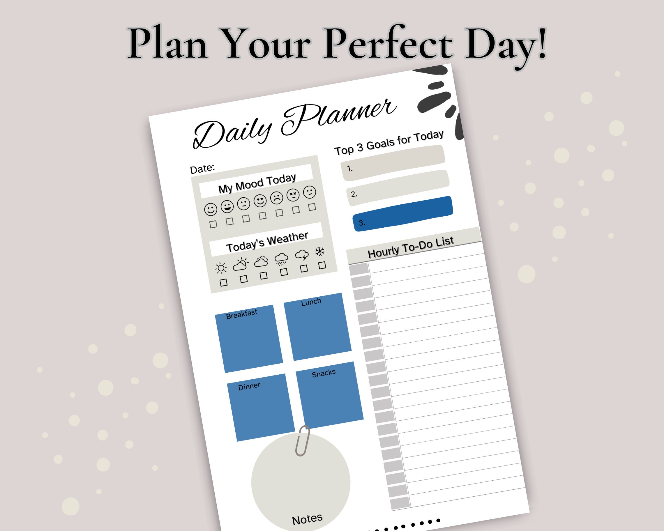 Printable Daily Planner, Goals, To-do List, Meal Tracker, 1 Page, Mood ...