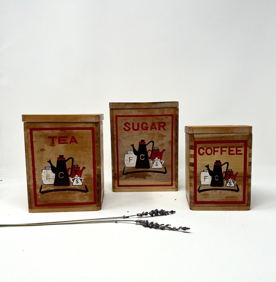 1950s Wood Nesting Kitchen Canister Set | Tea, Coffee, Sugar Storage ...