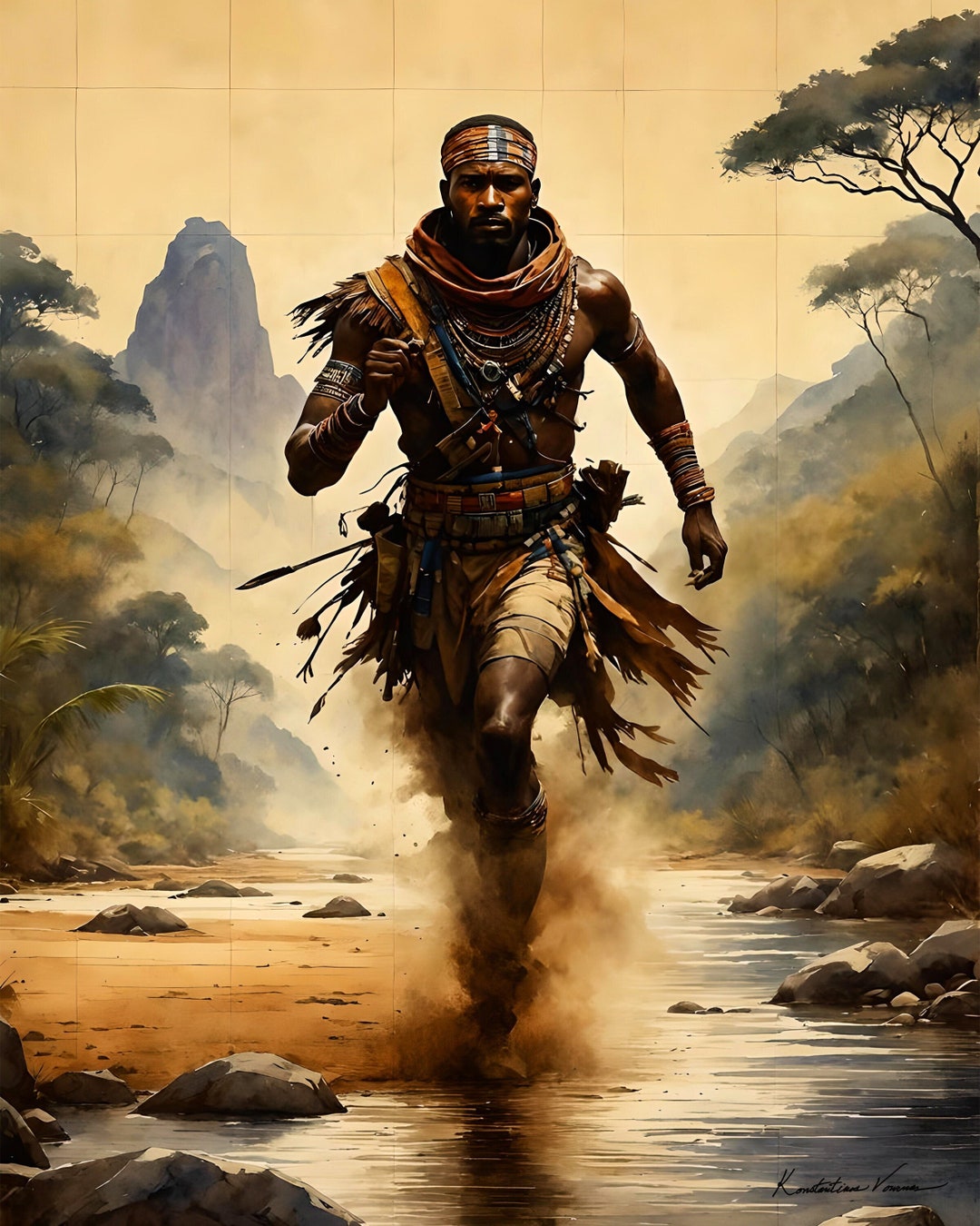 An Indigenous African Hunter Sprinting Steadily Through a Shallow ...