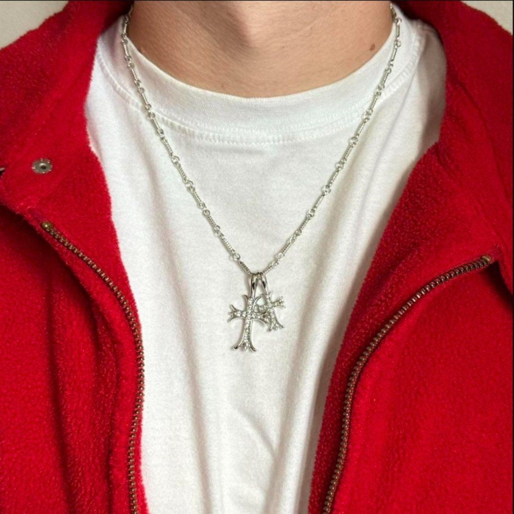 Vintage Y2k-style Double Cross Silver Necklace Rhinestone Crystal Cross ...