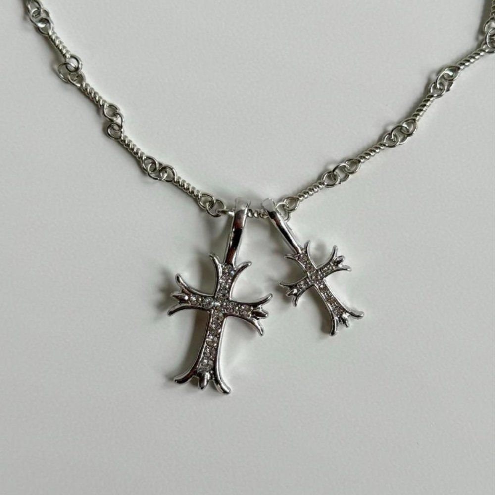 Vintage Y2k-style Double Cross Silver Necklace Rhinestone Crystal Cross ...