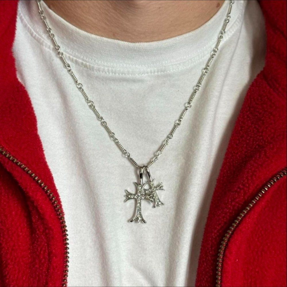 Vintage Y2k-style Double Cross Silver Necklace Rhinestone Crystal Cross ...