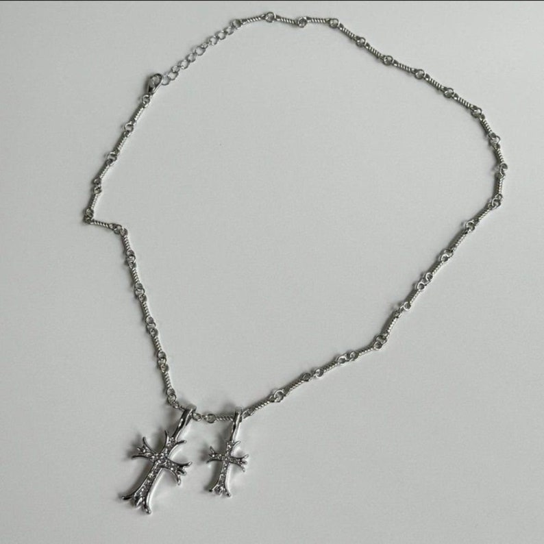 Vintage Y2k-style Double Cross Silver Necklace Rhinestone Crystal Cross ...