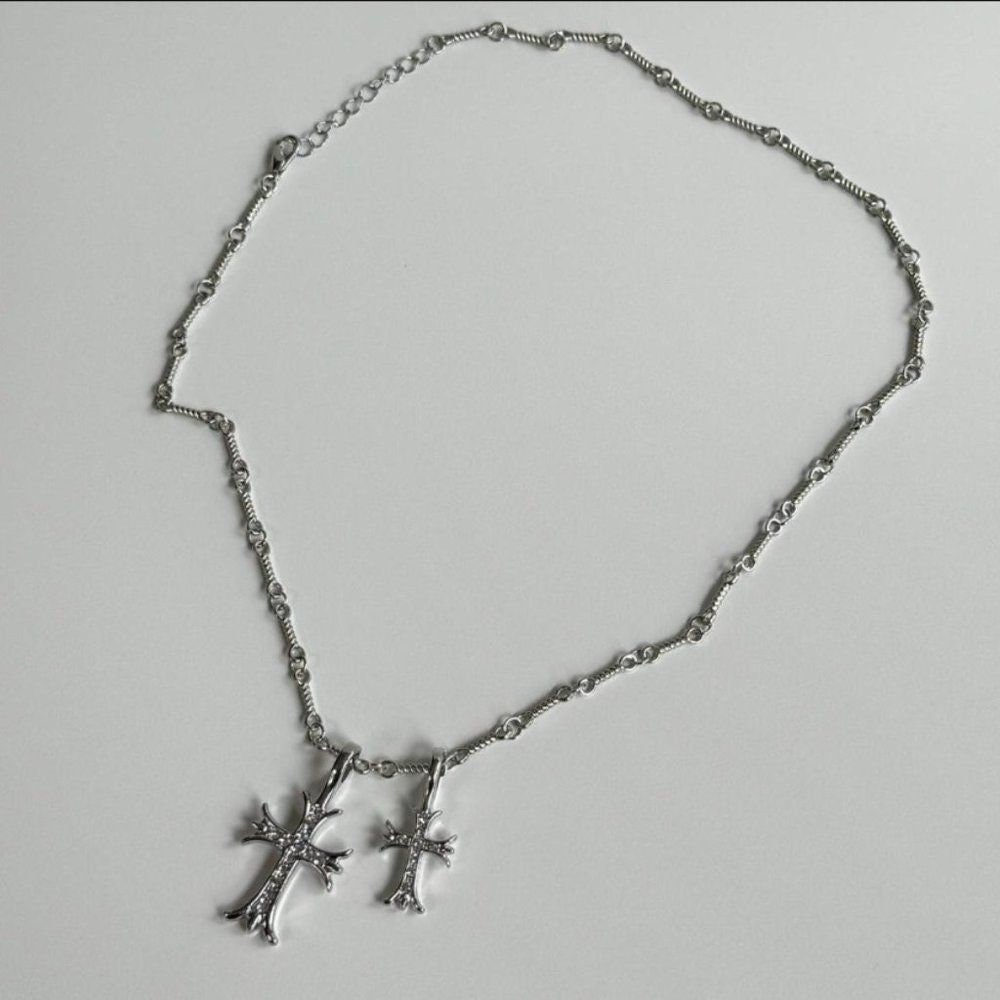 Vintage Y2k-style Double Cross Silver Necklace Rhinestone Crystal Cross ...