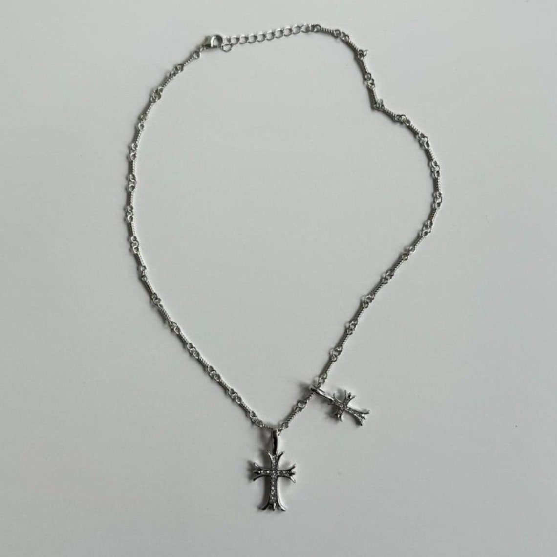Vintage Y2k-style Double Cross Silver Necklace Rhinestone Crystal Cross ...