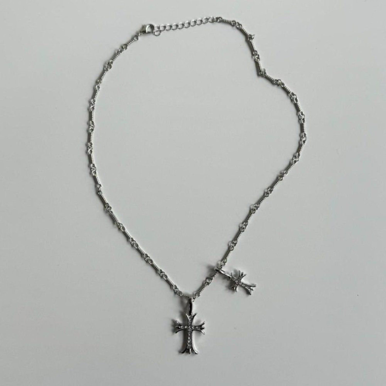 Vintage Y2k-style Double Cross Silver Necklace Rhinestone Crystal Cross ...