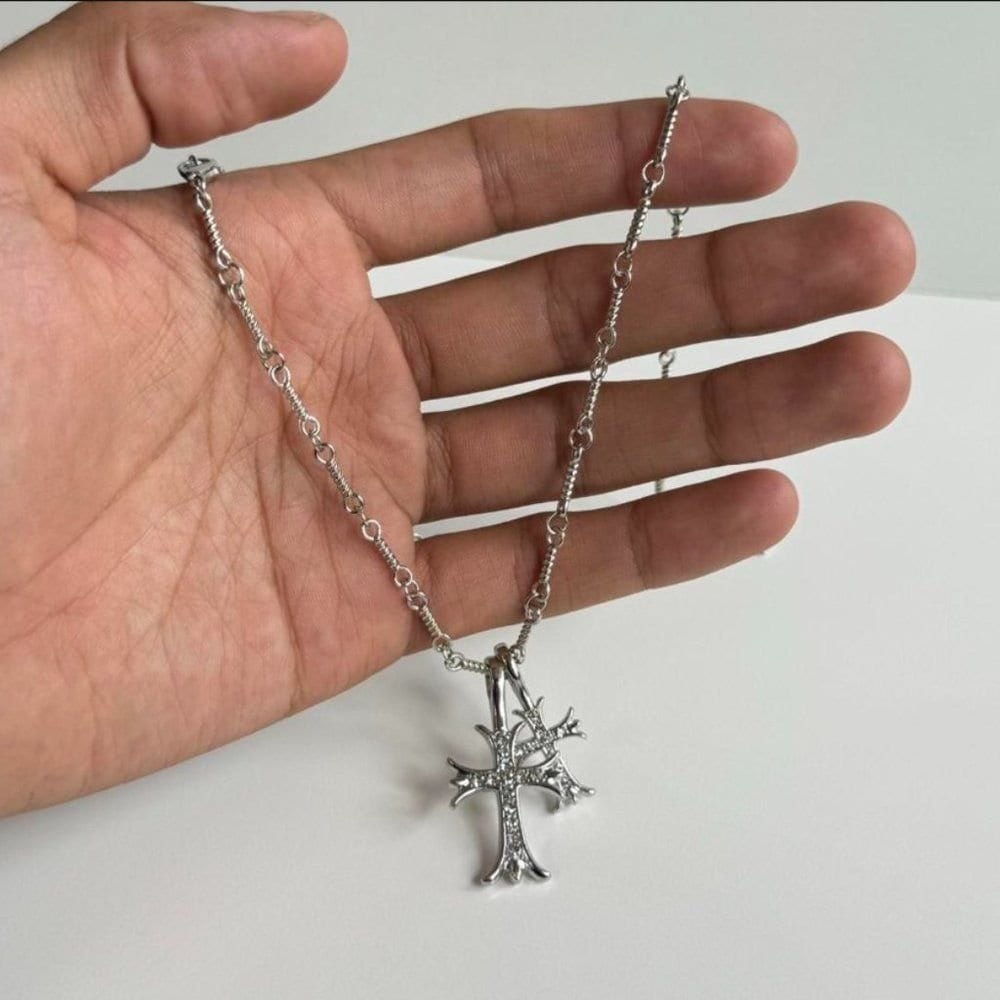 Vintage Y2k-style Double Cross Silver Necklace Rhinestone Crystal Cross ...