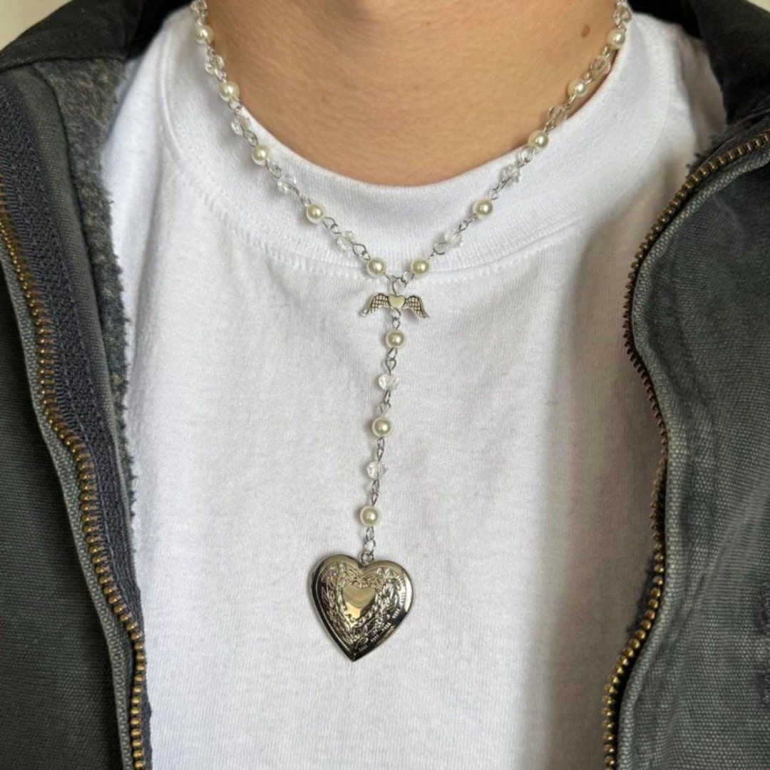 Y2K 2000s Vintage Punk Gothic Emo Heart Pendant Locket Pearl Chain ...