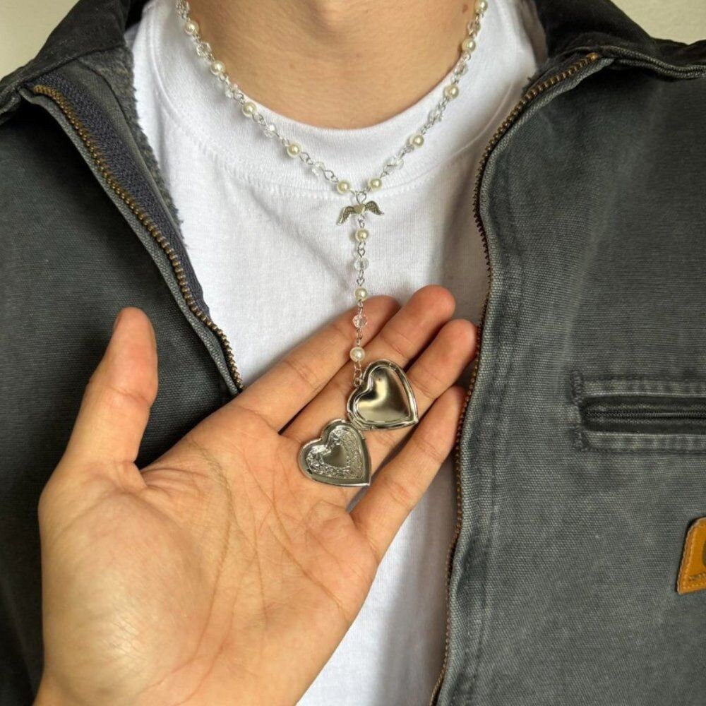 Y2K 2000s Vintage Punk Gothic Emo Heart Pendant Locket Pearl Chain ...