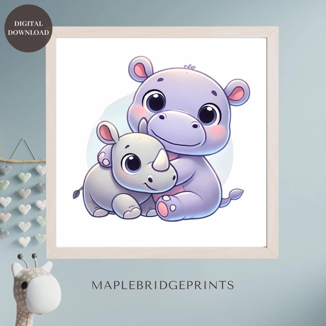 Hippo Hugging Rhino Nursery Wall Art Print, Digital Nursery Art, Baby ...