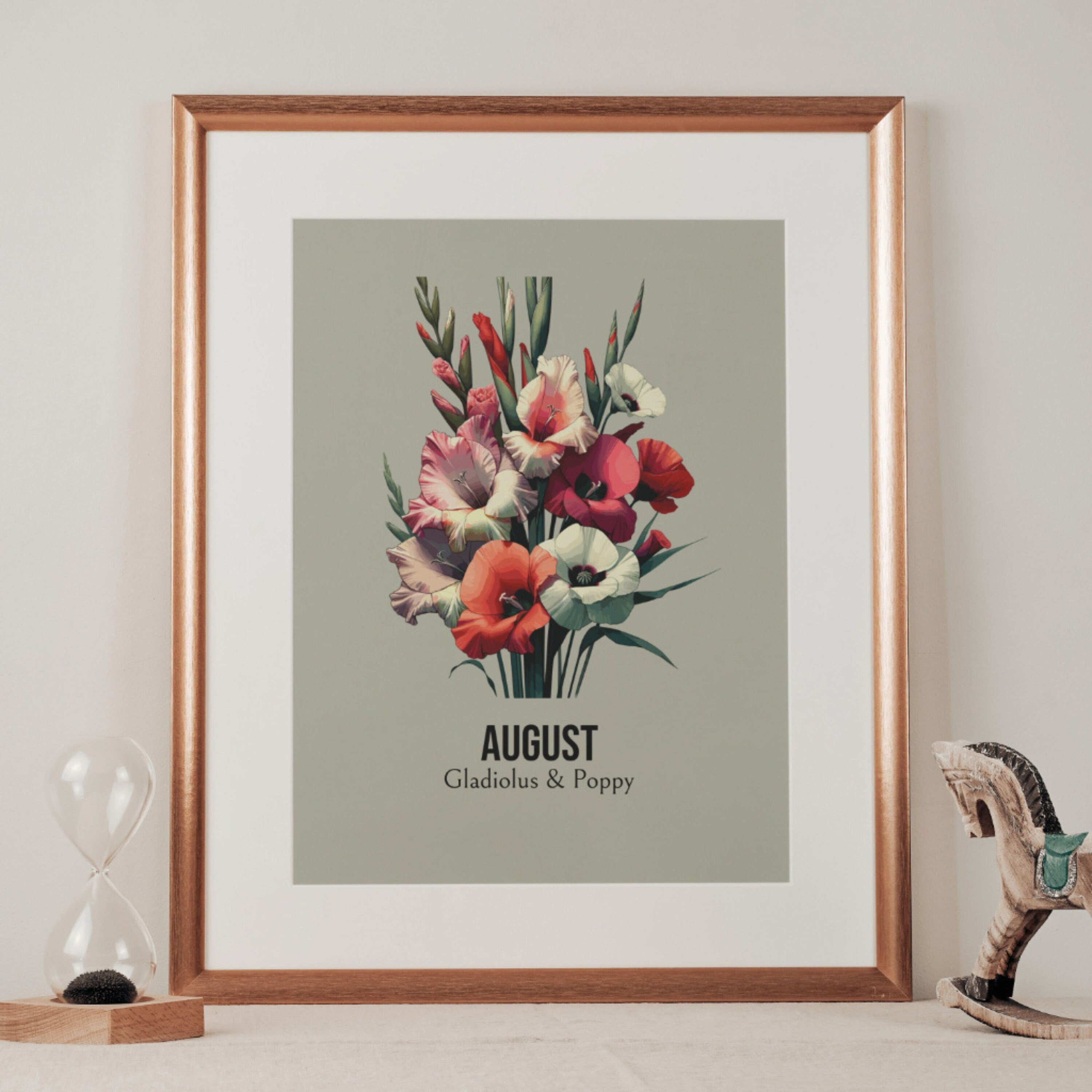 August Birth Flower Poster, Modern-styled Gladiolus & Poppy Bouquet ...