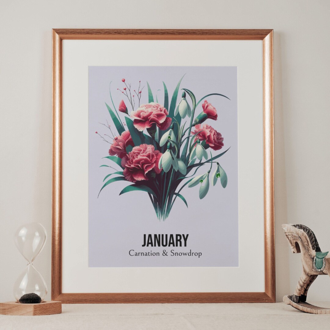 January Birth Flowers Poster, Modern-styled Carnation & Snowdrop ...