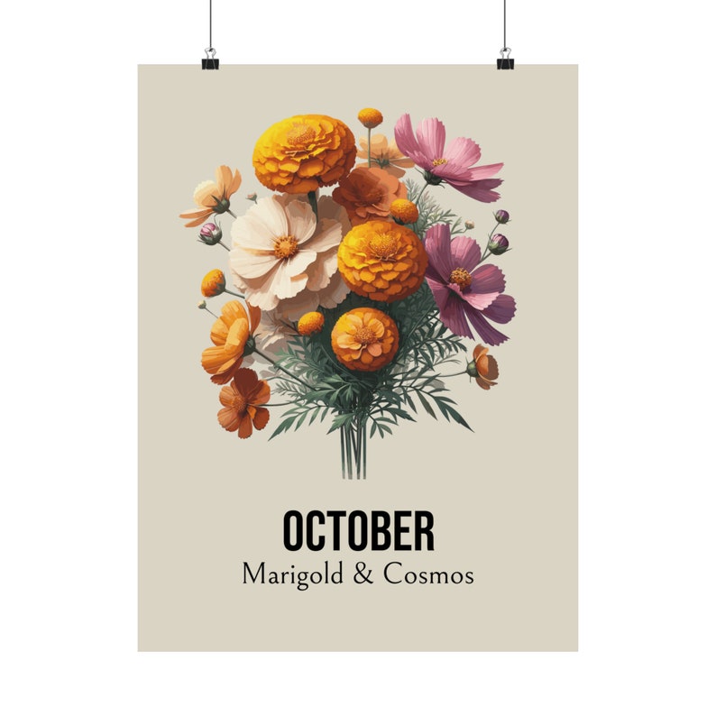 October Birth Flower Poster, Modern-styled Marigold & Cosmos Bouquet ...
