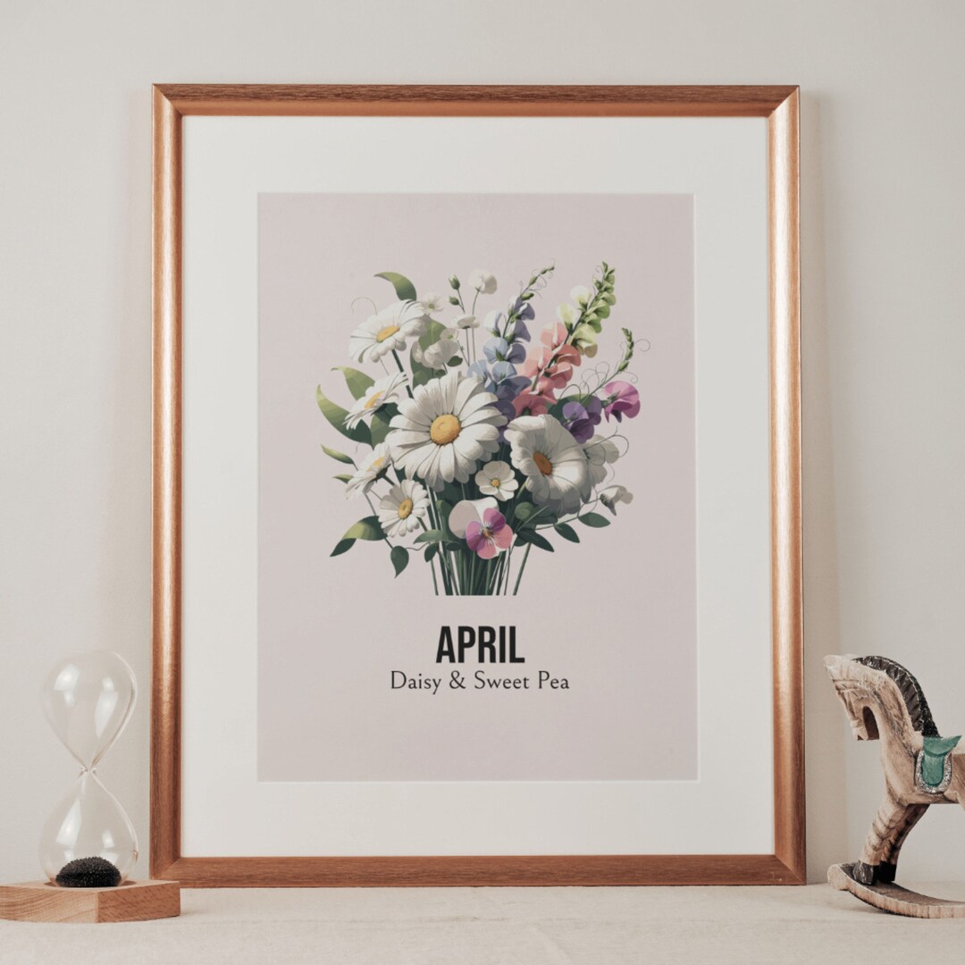 April Birth Flower Poster, Modern-styled Daisy & Sweet Pea Bouquet ...