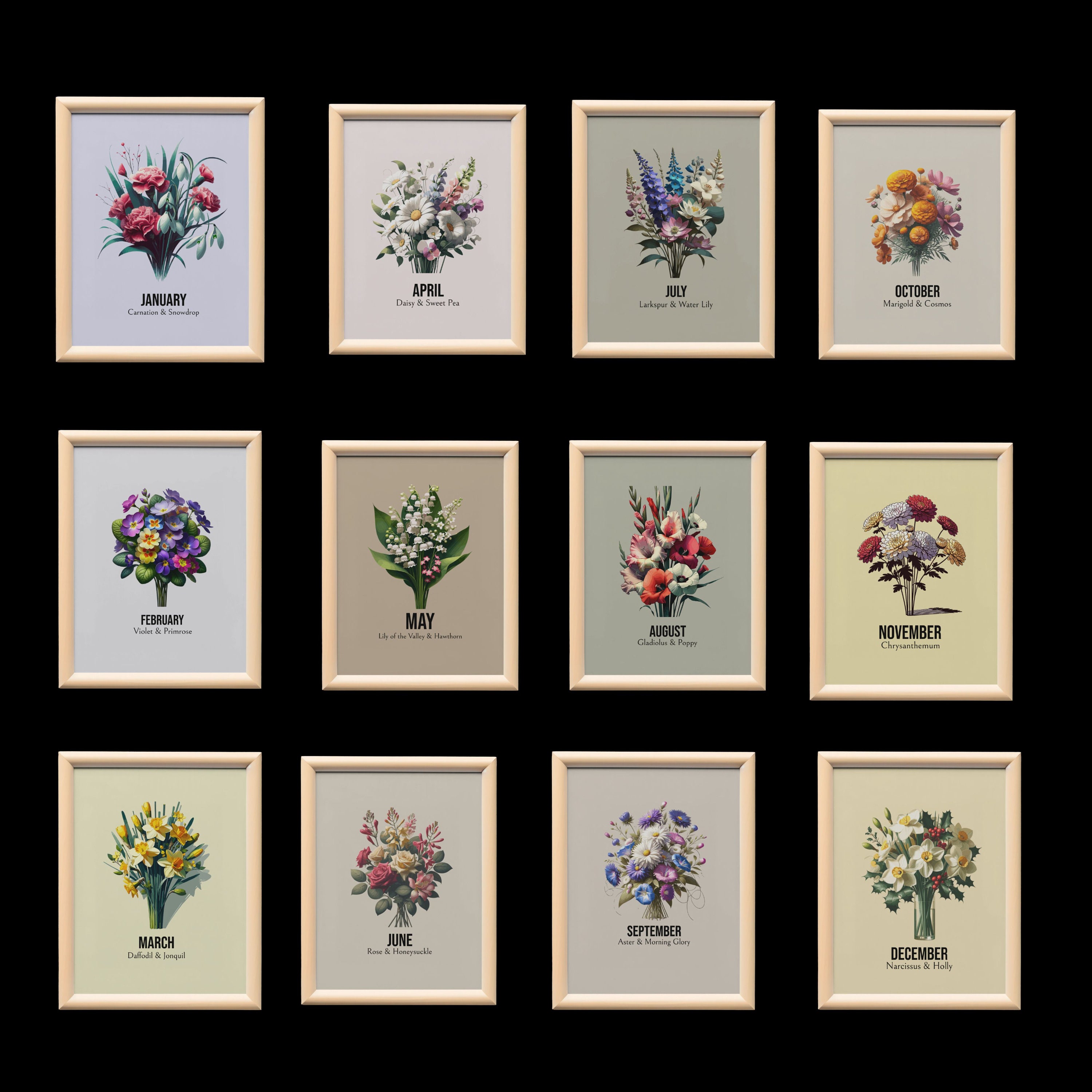 October Birth Flower Poster, Modern-styled Marigold & Cosmos Bouquet ...