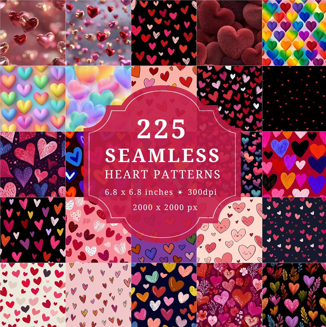 Seamless Heart Patterns: Bundle of 225 Digital Printable Hi-res 300dpi ...