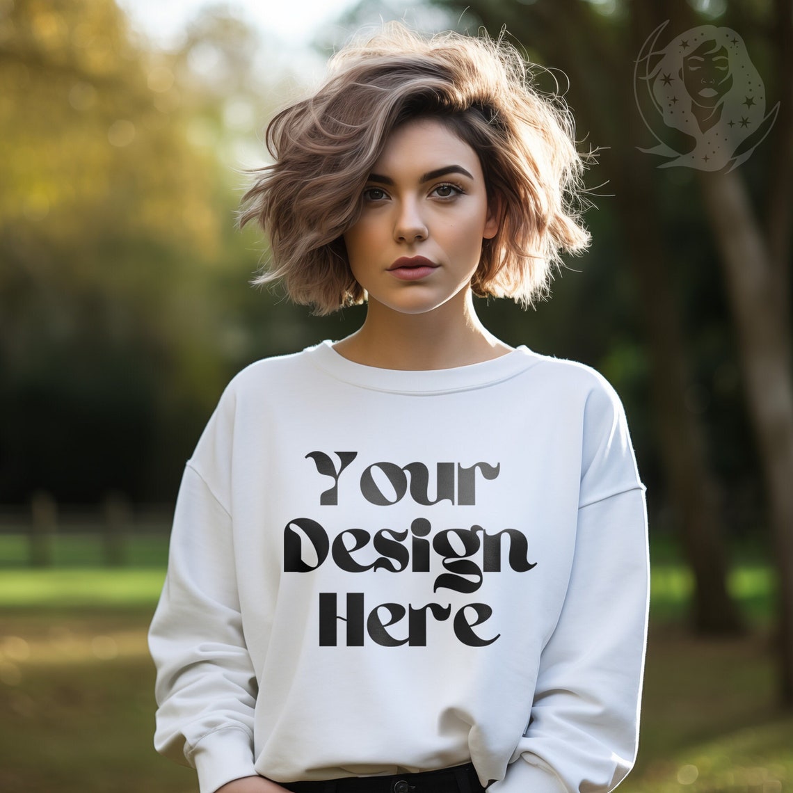 Gildan 18000 White Sweatshirt Mockup: Female Model, Park Scene (digital ...