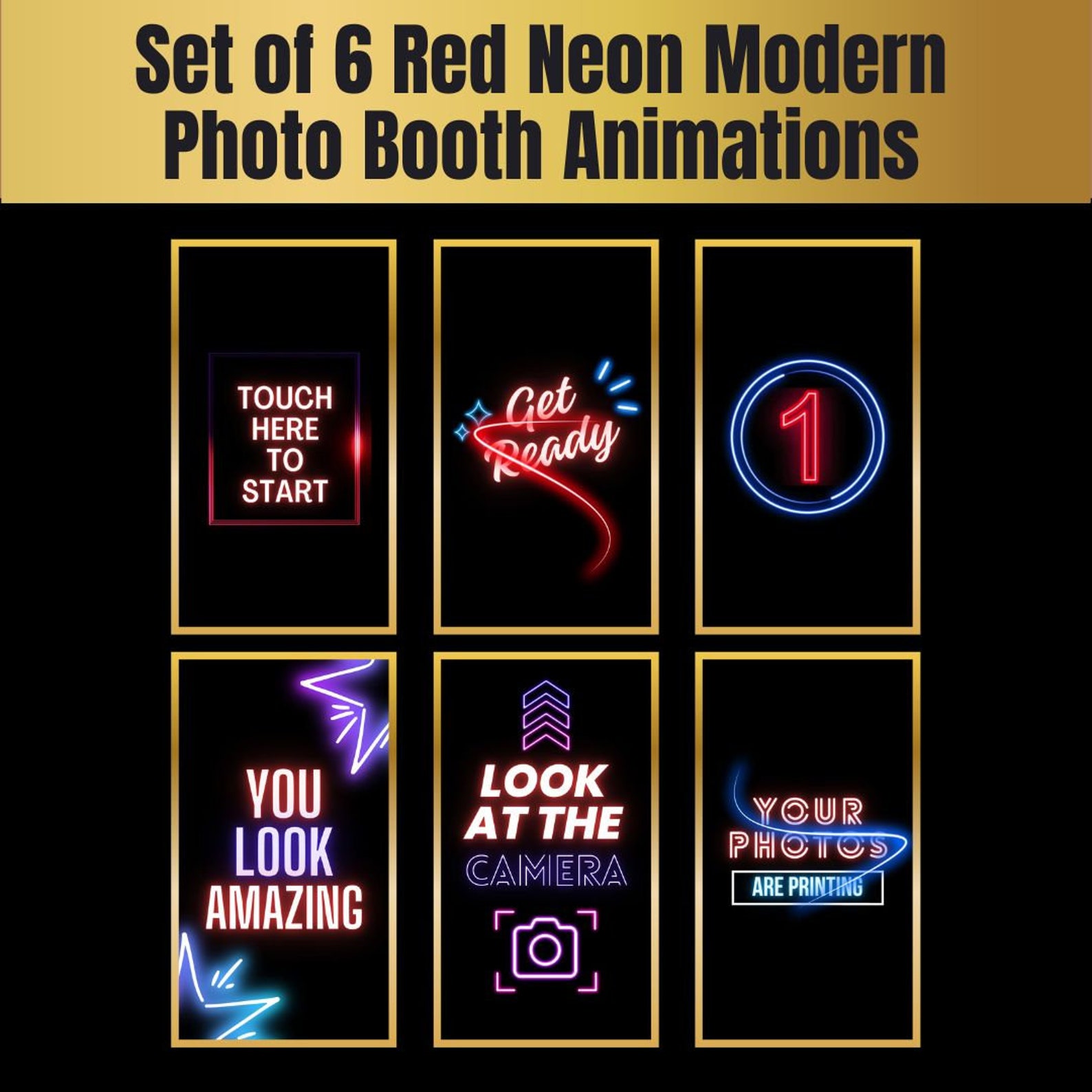 Set of 6 Red Neon Modern Photo Booth Animation Bundle, Tap to Start ...