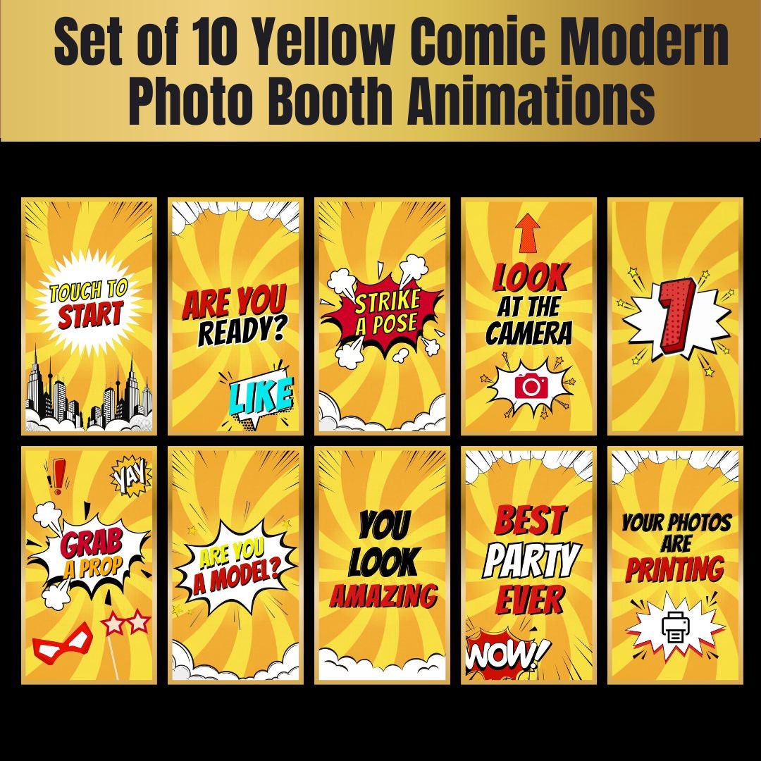 Set of 10 Yellow Comic Modern Photo Booth Animation Bundle, Tap to ...