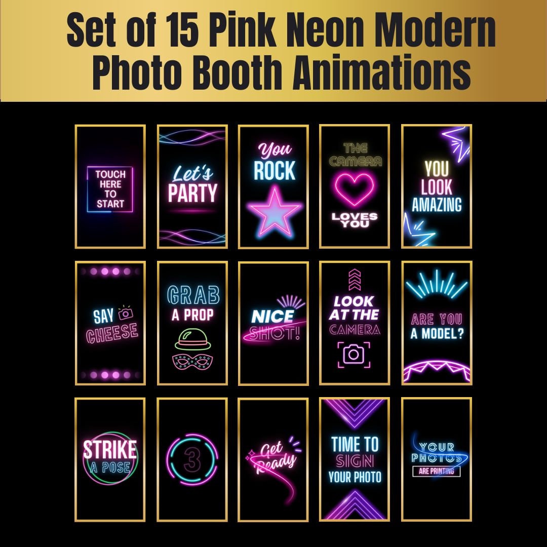 Set of 15 Pink Neon Modern Photo Booth Animation Bundle, Tap to Start ...