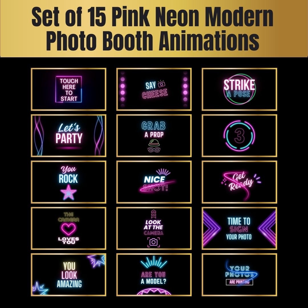 Set of 15 Pink Neon Modern Photo Booth Animation Bundle, Tap to Start ...