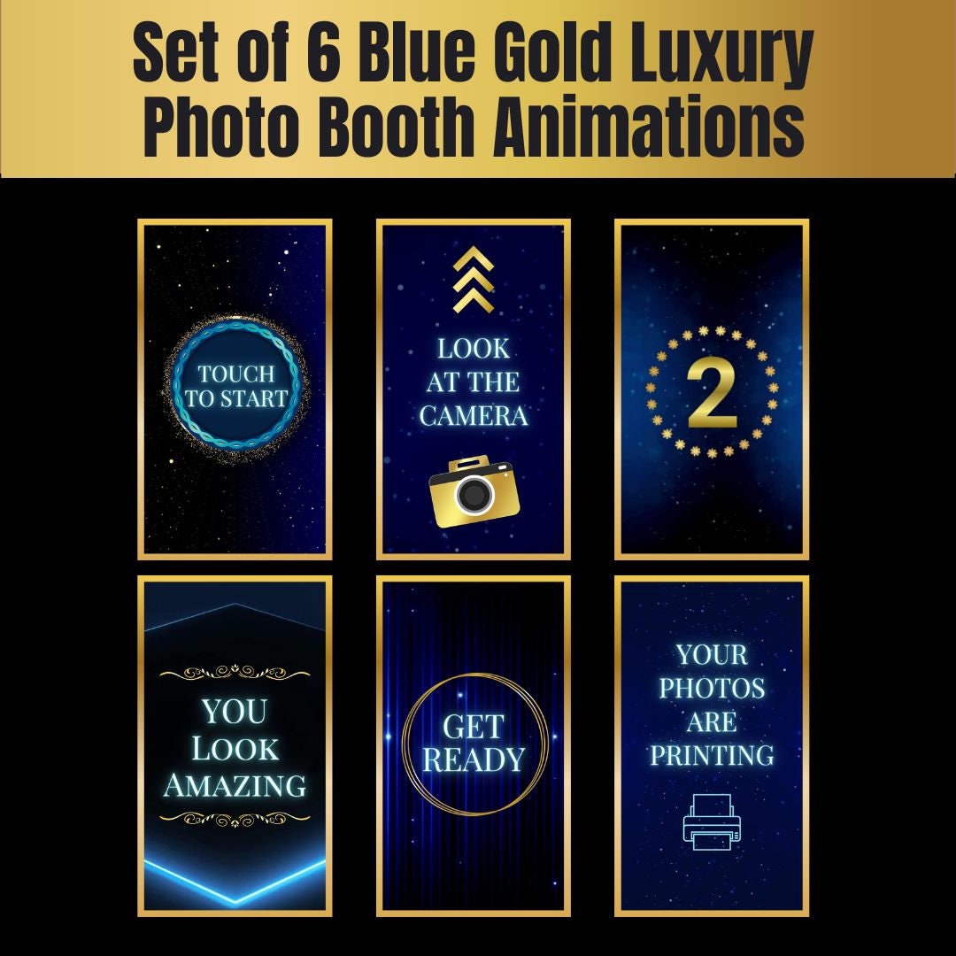Set of 6 Blue Gold Luxury Photo Booth Animation Bundle, Tap to Start ...