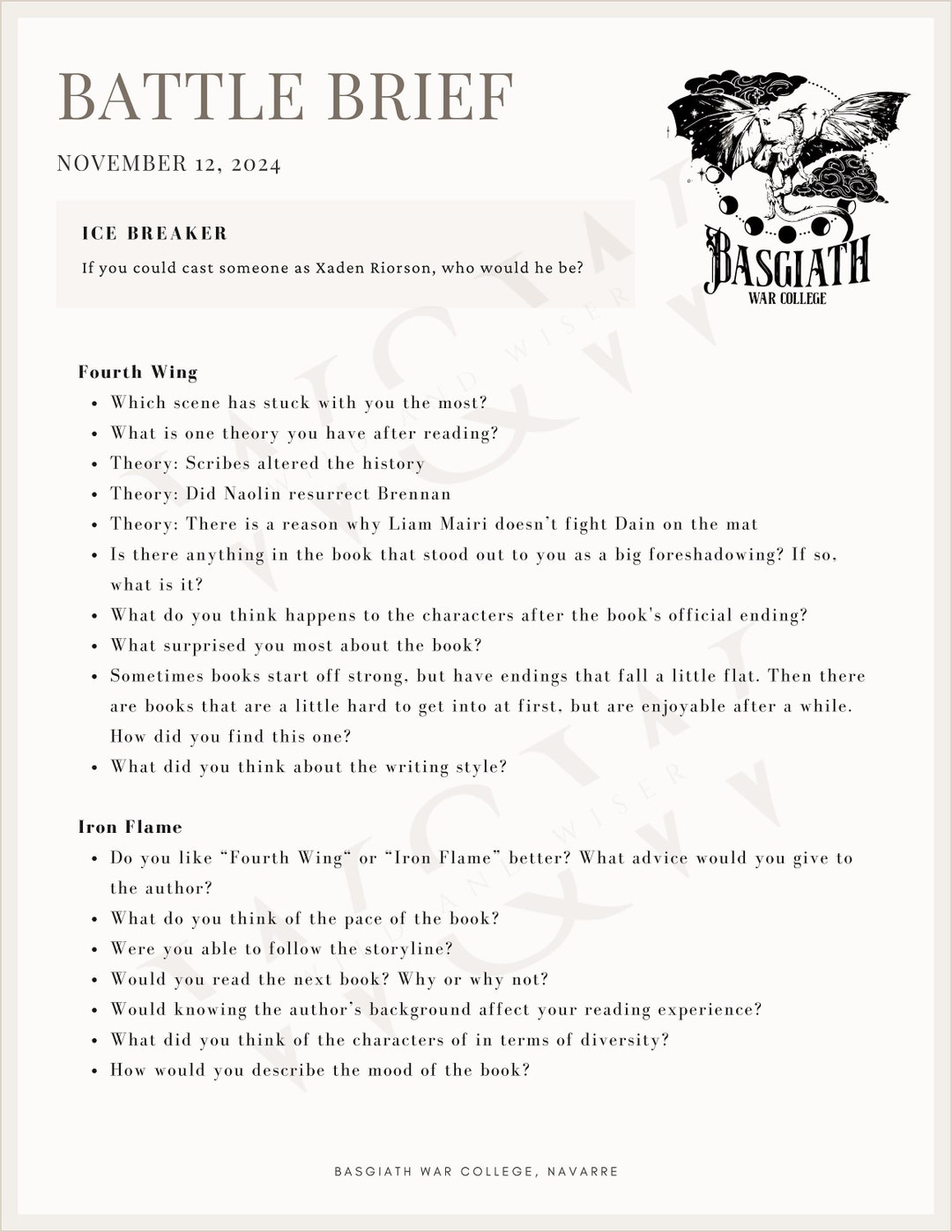 Fourth Wing Book Club Discussion Template | Iron Flame Discussion Guide ...