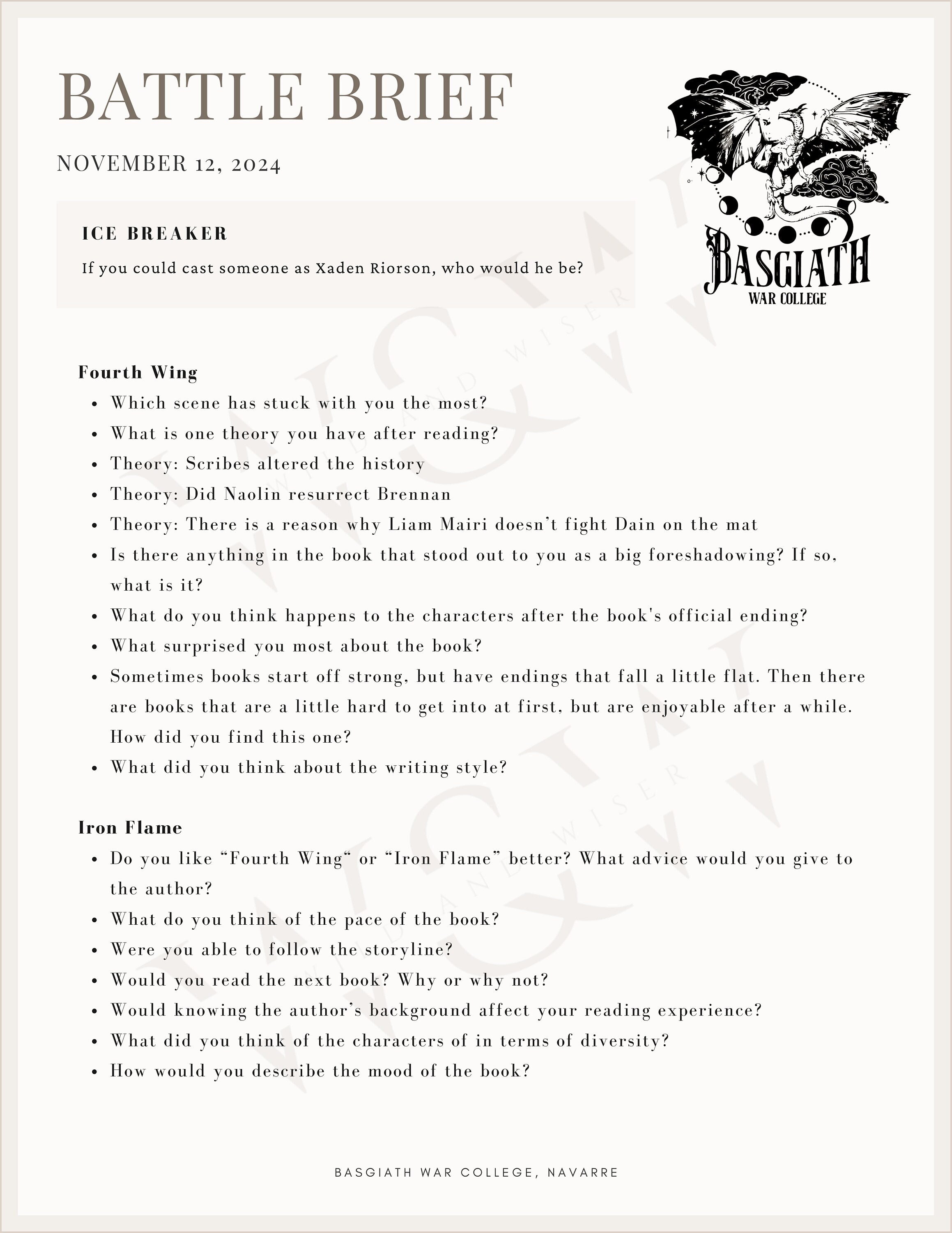 Fourth Wing Book Club Discussion Template | Iron Flame Discussion Guide ...