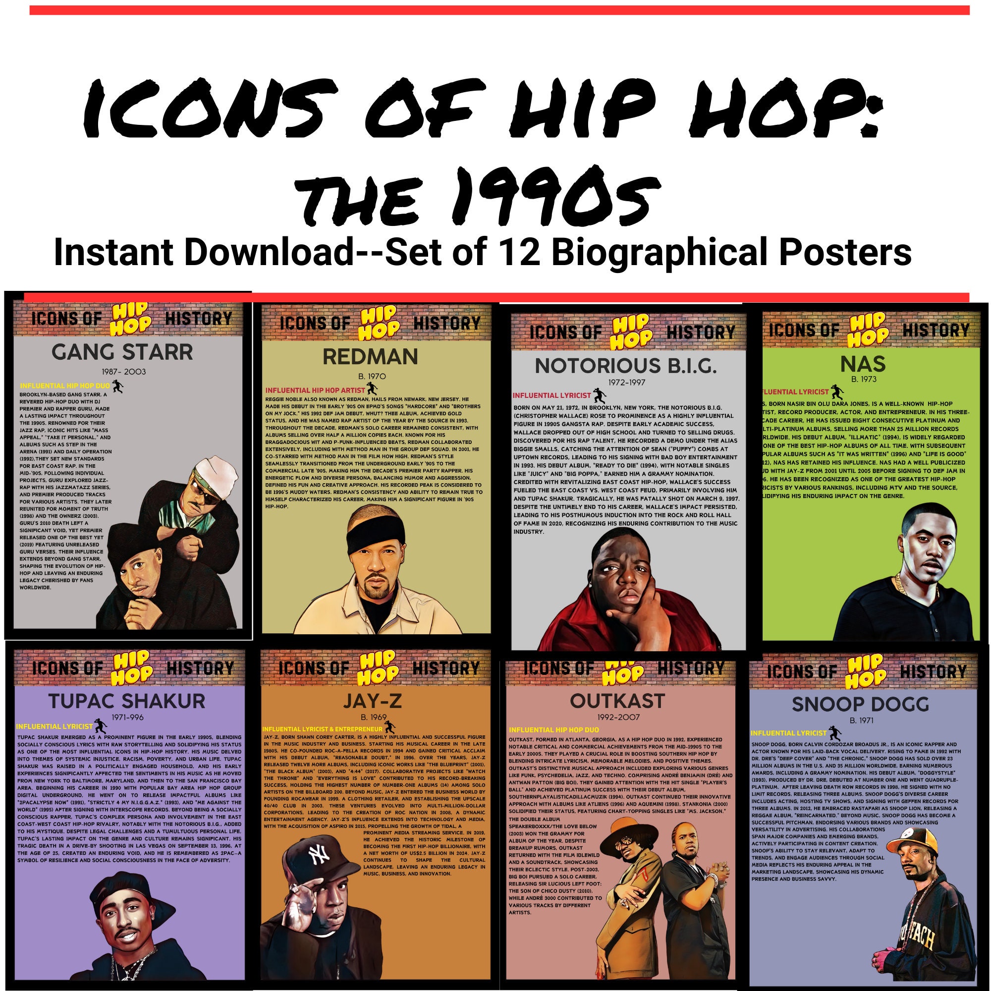 Icons of Hip Hop: the 90s 12 Printable Music Posters, Hip Hop History ...