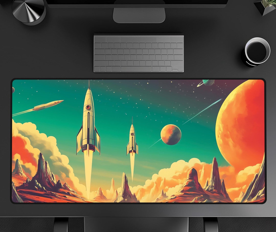 Retro Rocket Desk Mat, Space Painting Aesthetic Work Mat for Office ...