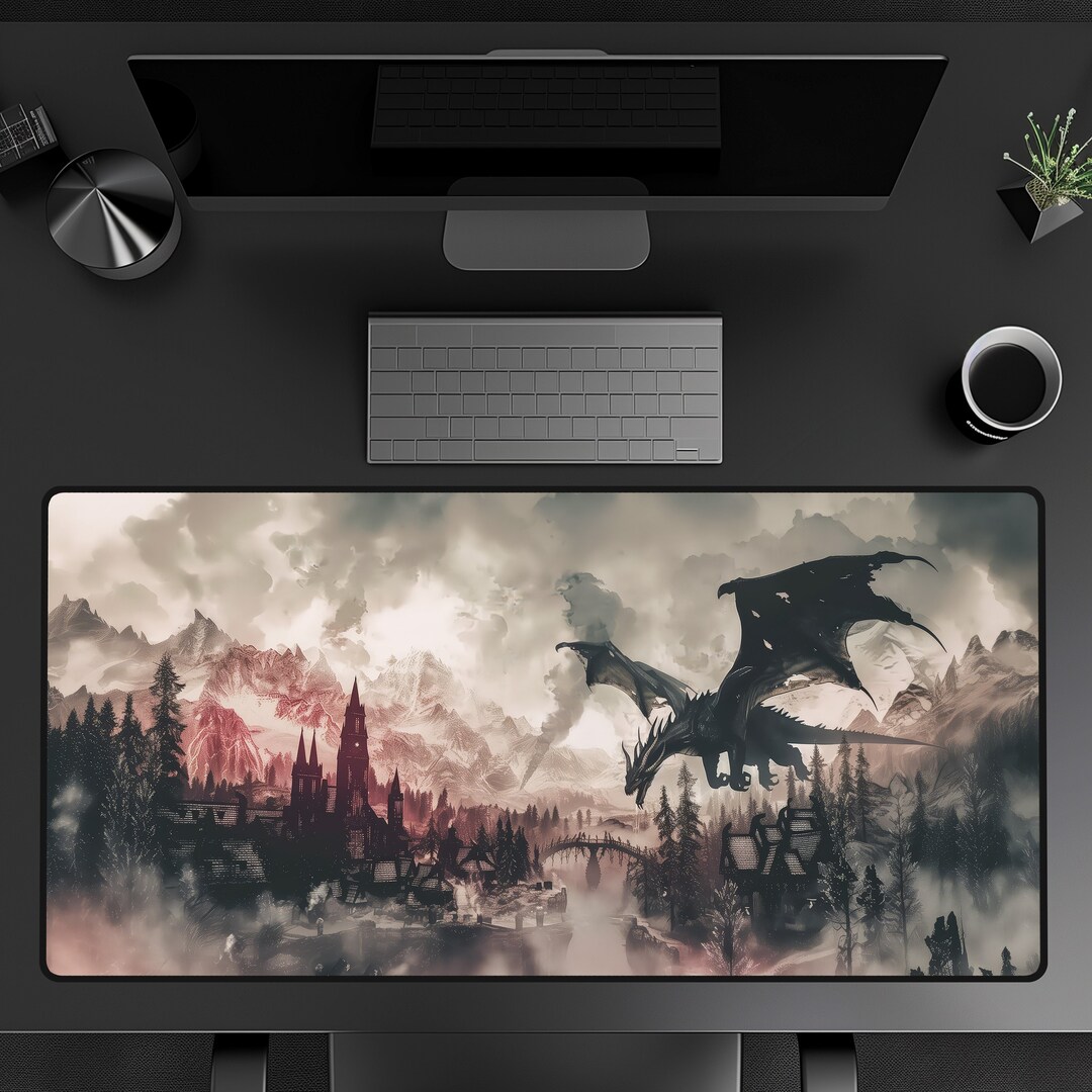 Black and White Dragon Desk Mat, Dark Fantasy Desk Pad, PC Gaming Desk ...