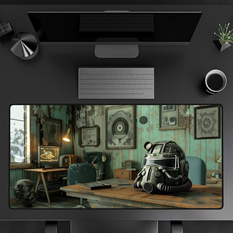 Power Armor Helmet Desk Mat, Post Apocalyptic PC Gaming Desk Mat ...