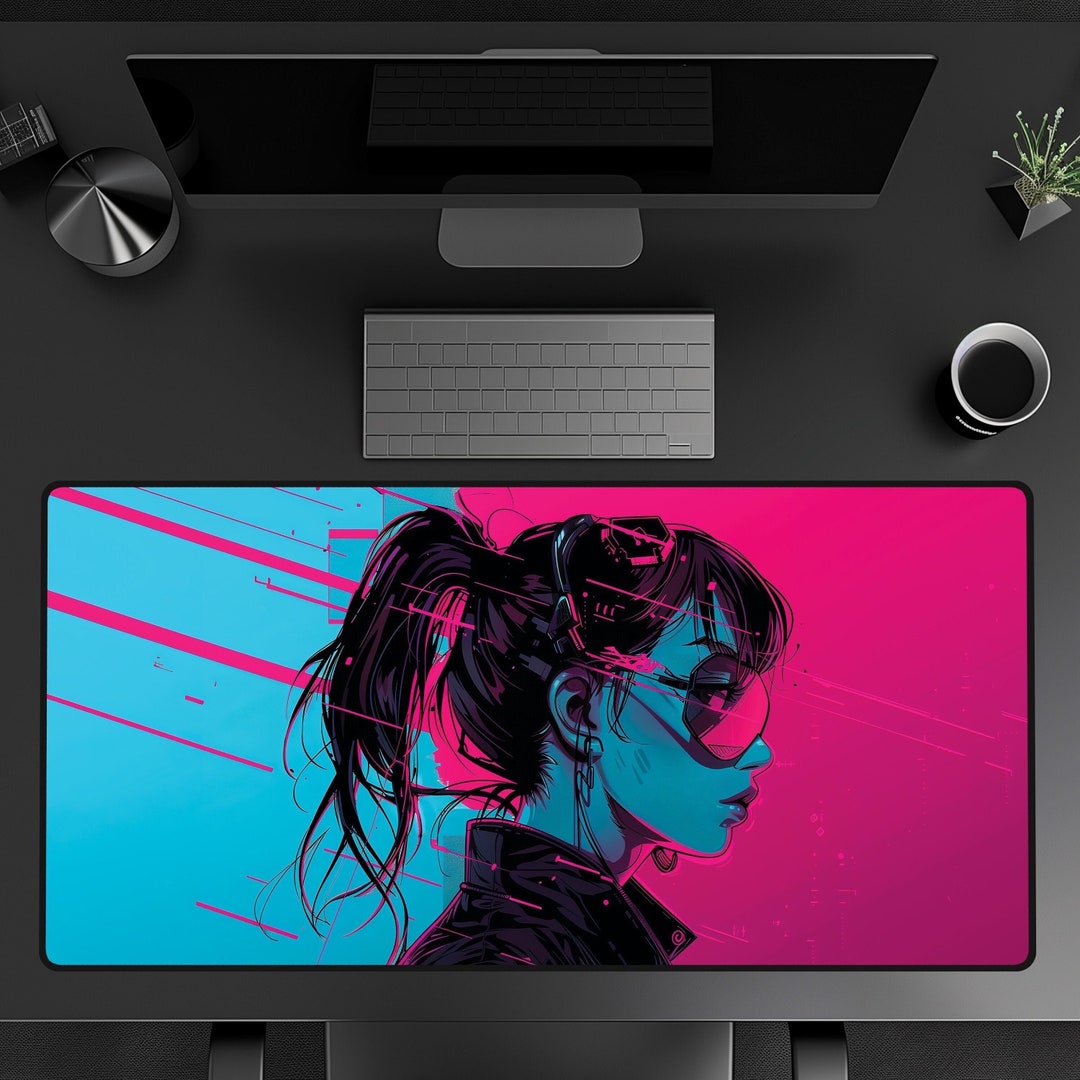 Cyberpunk Desk Mat, Pink and Blue Desk Pad, Anime PC Gaming Desk Mat ...
