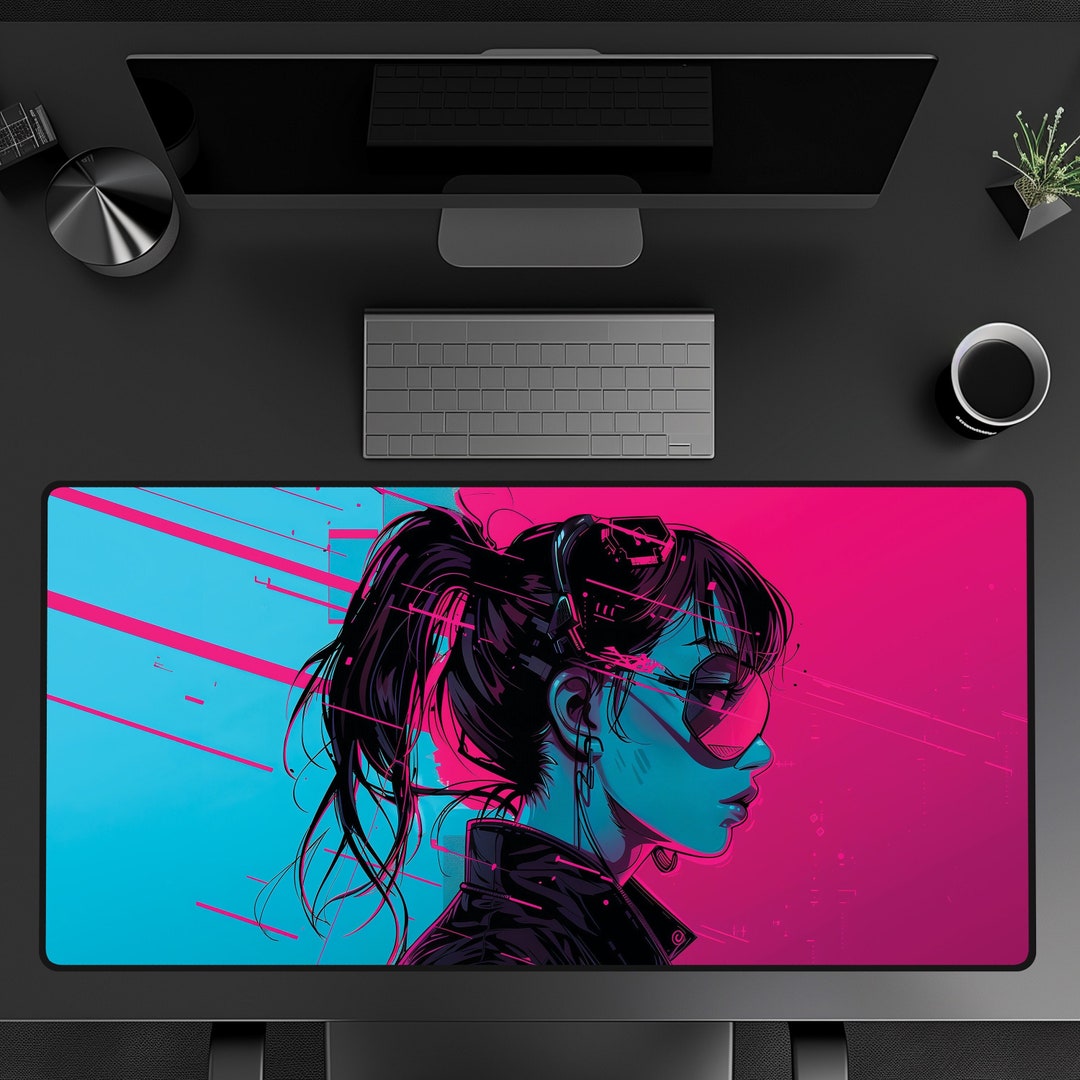 Cyberpunk Girl Desk Mat, Hot Pink and Blue Desk Pad, Anime PC Gaming ...