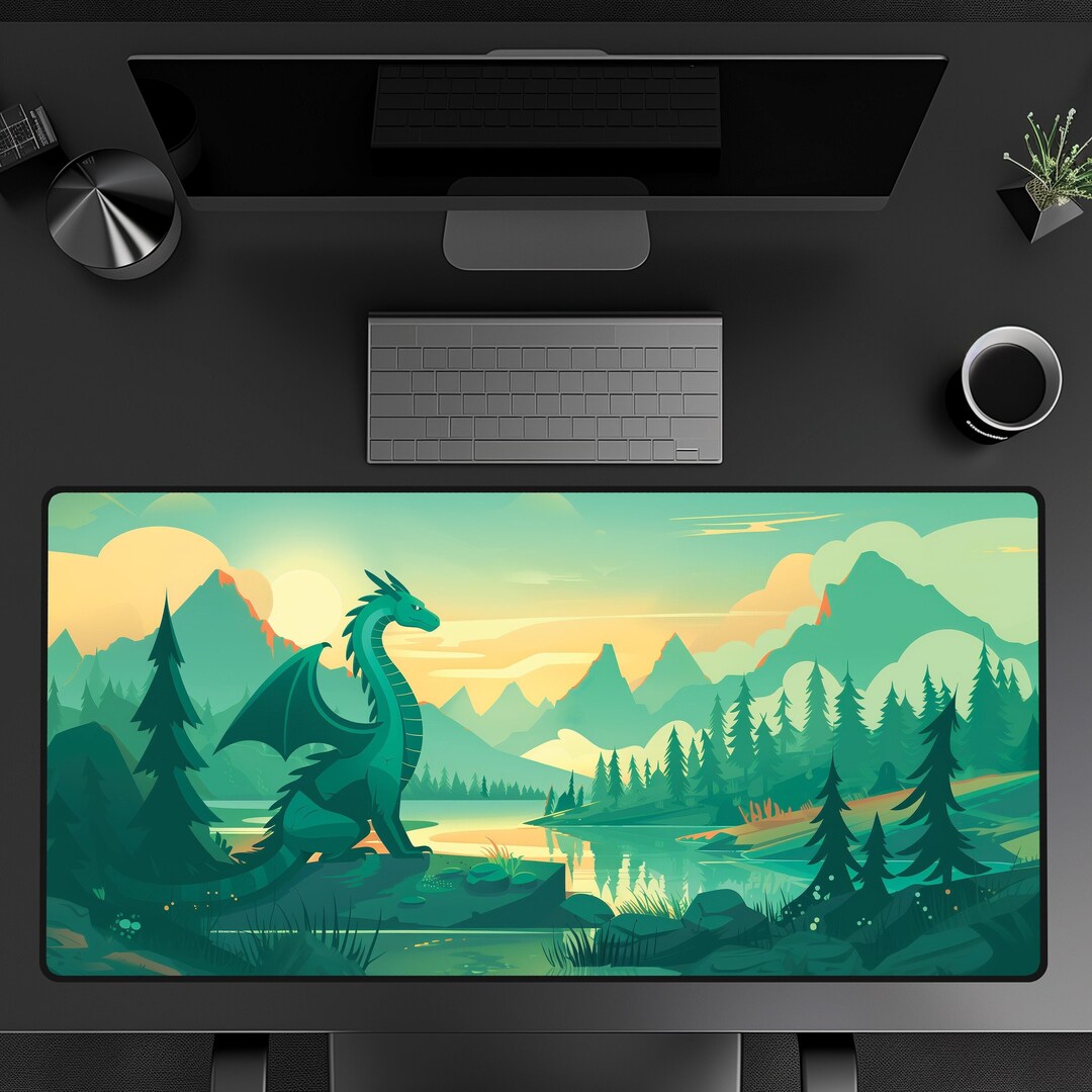 Green Dragon Desk Mat, Cute Dragon PC Gaming Desk Pad, Pastel Dragon ...