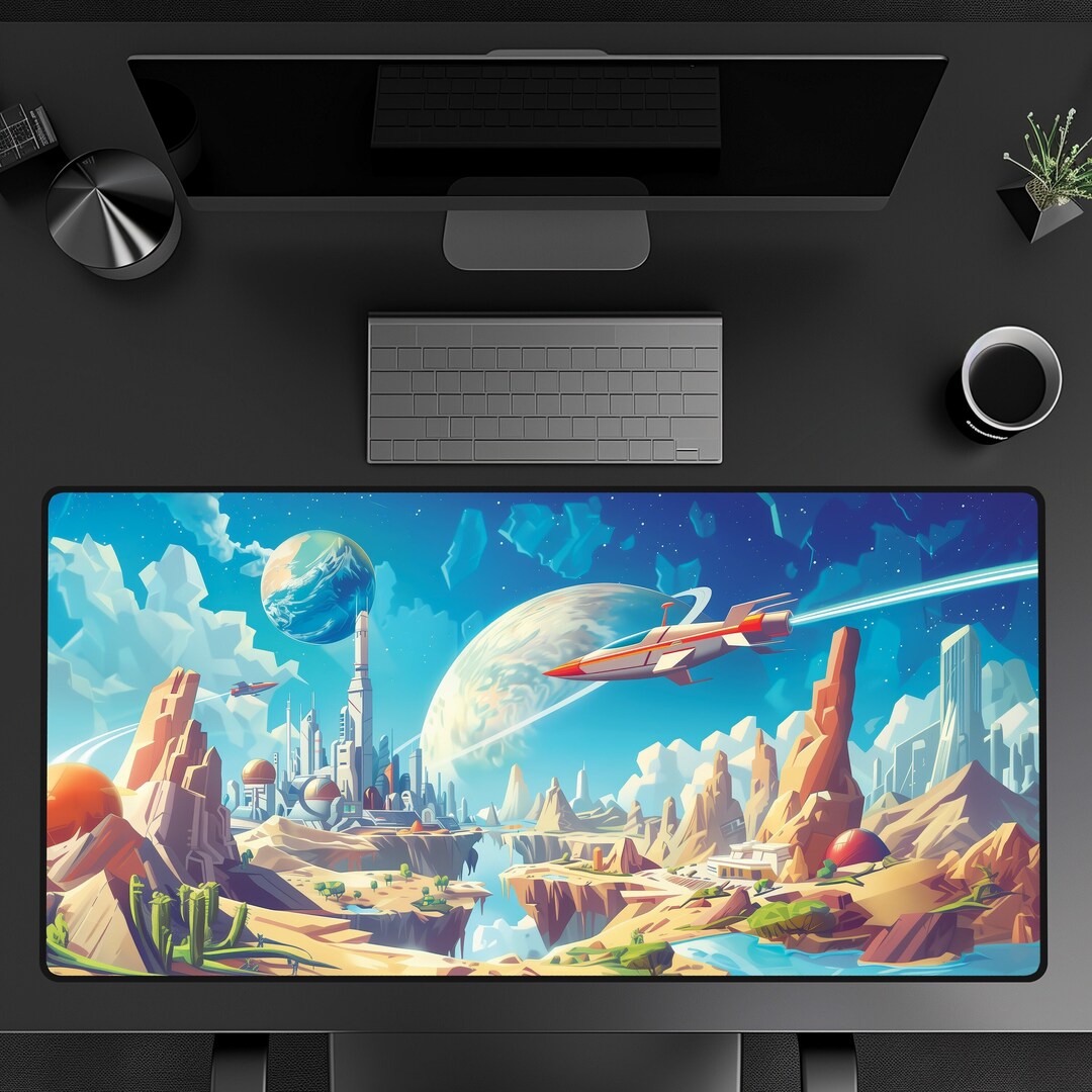 Rocket Ships Desk Mat, Retro Space Cartoon Gaming Desk Mat, Alien ...