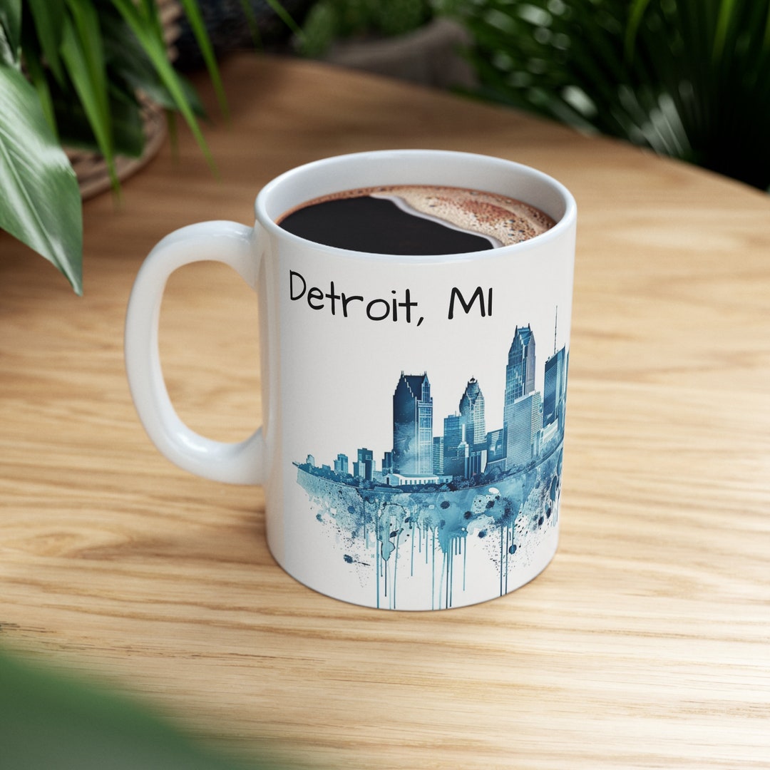 Detroit, MI City Skyline Mug, Roaring Pride, Artistic, Painting, Hand ...