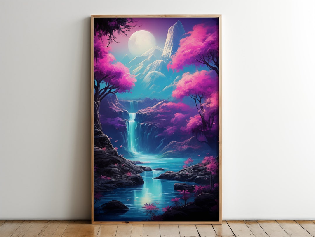 Moon River Neon Landscape - Printable Digital Art Poster - Wall Art ...