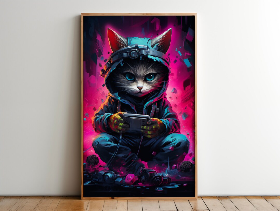 Cyberpunk Gamer Cat - Gaming Poster - Video Game Art - Wall Art ...