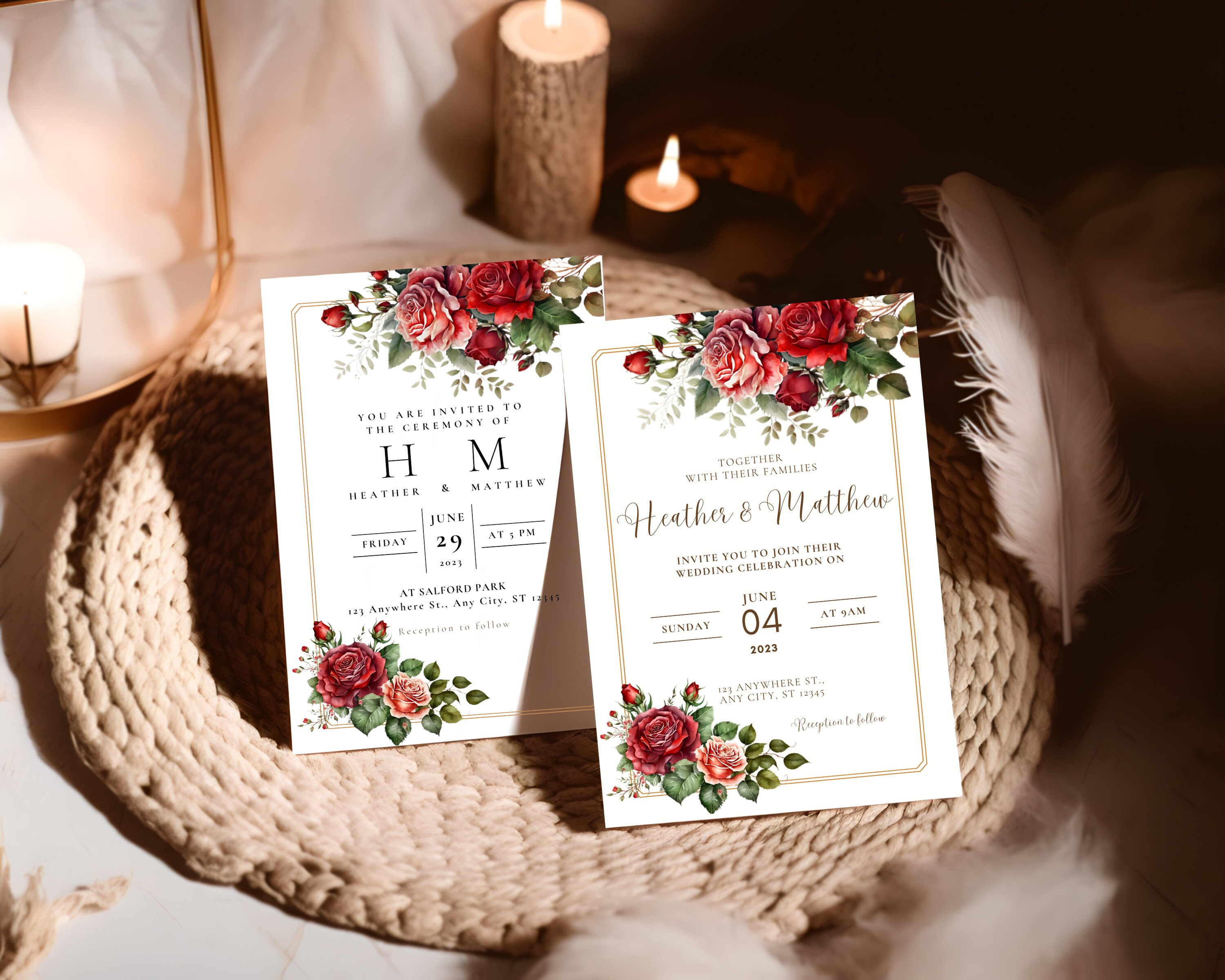 Red Roses Wedding Invitation Template: Editable RSVP & Thank You Card ...