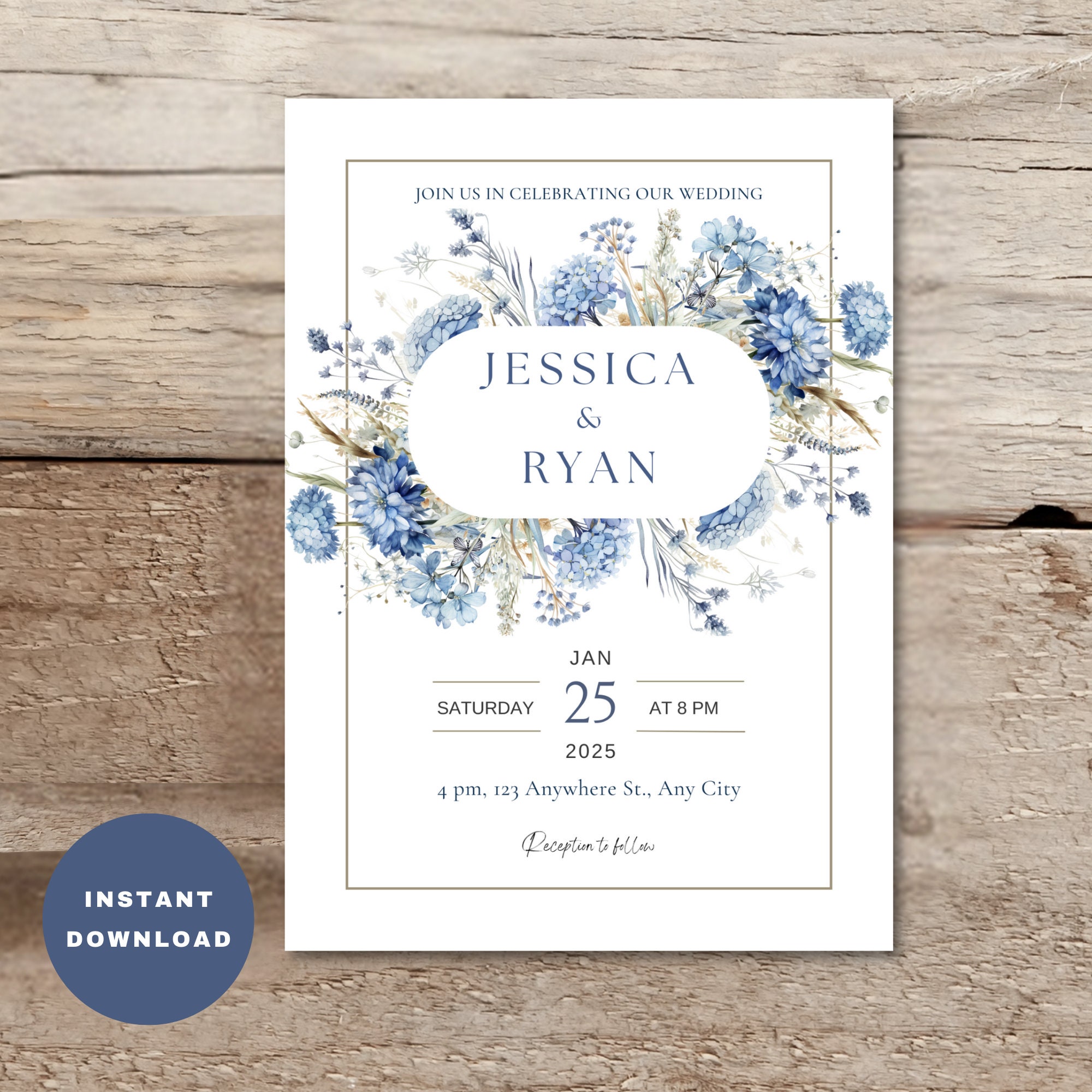 Floral Wedding Invitation Template Editable Floral Invite Blue Flowers ...