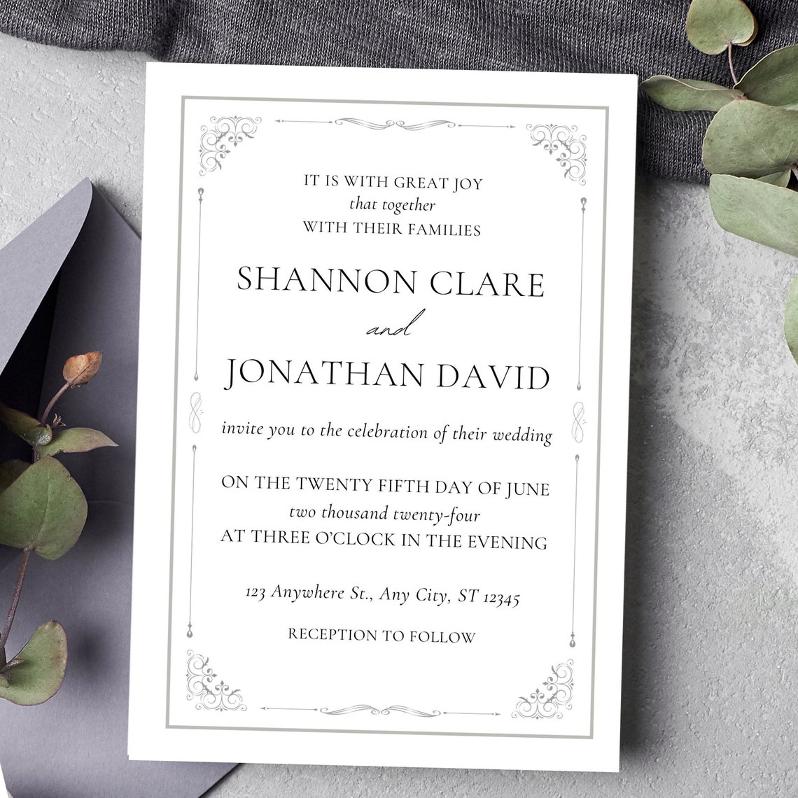 Elegant Border Wedding Invitation Template: Editable Invite Set ...