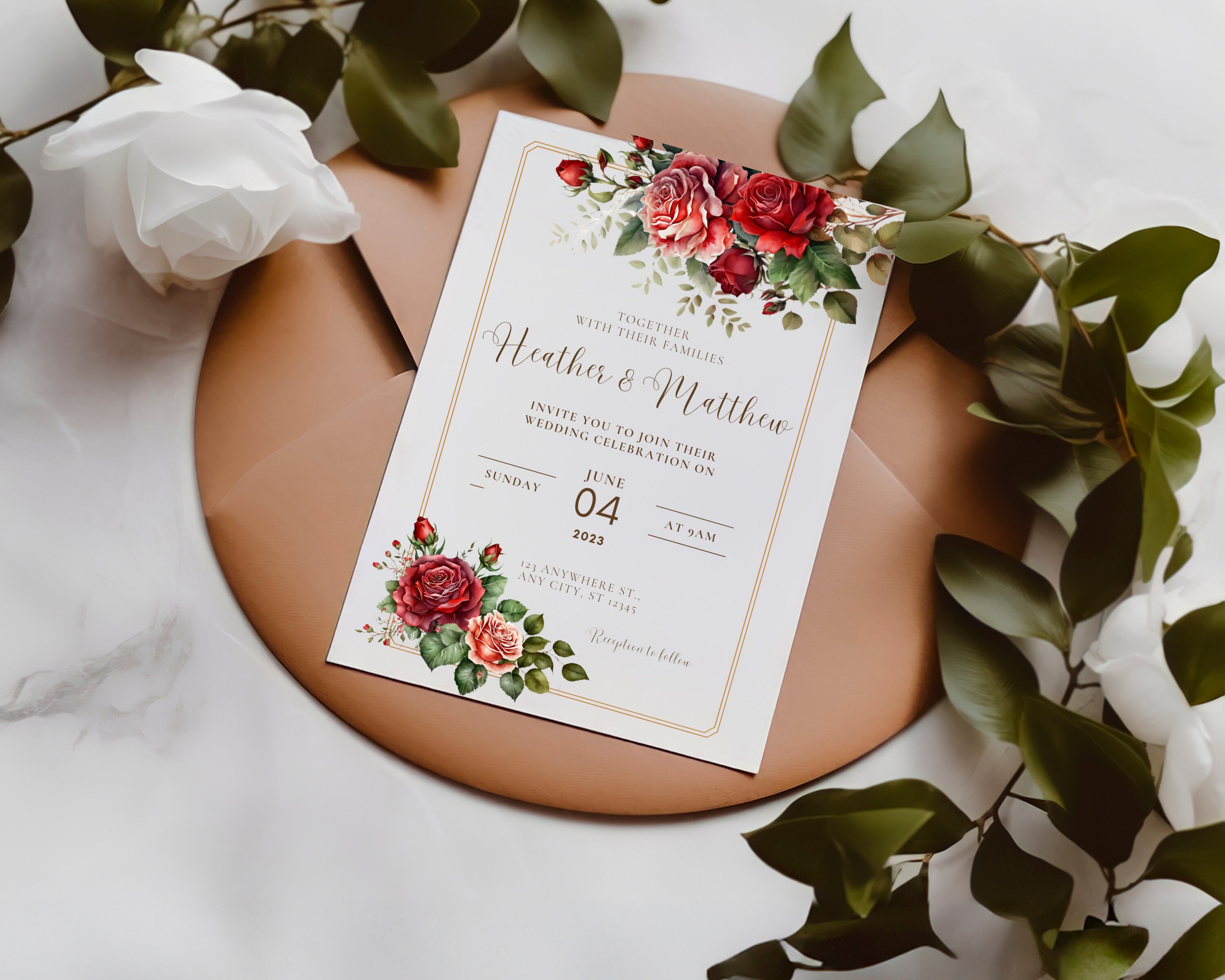 Red Roses Wedding Invitation Template: Editable RSVP & Thank You Card ...
