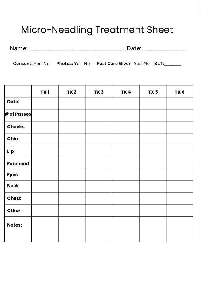 Microneedling Treatment Record Sheet | Microneedling Client Sheet ...